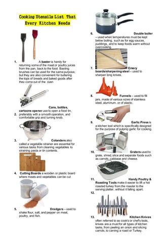 Kitchen Utensils List With Pictures And Uses