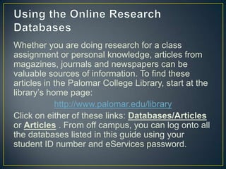 Unit 2: Using the Online Research Databases | PPTX | Search | Internet