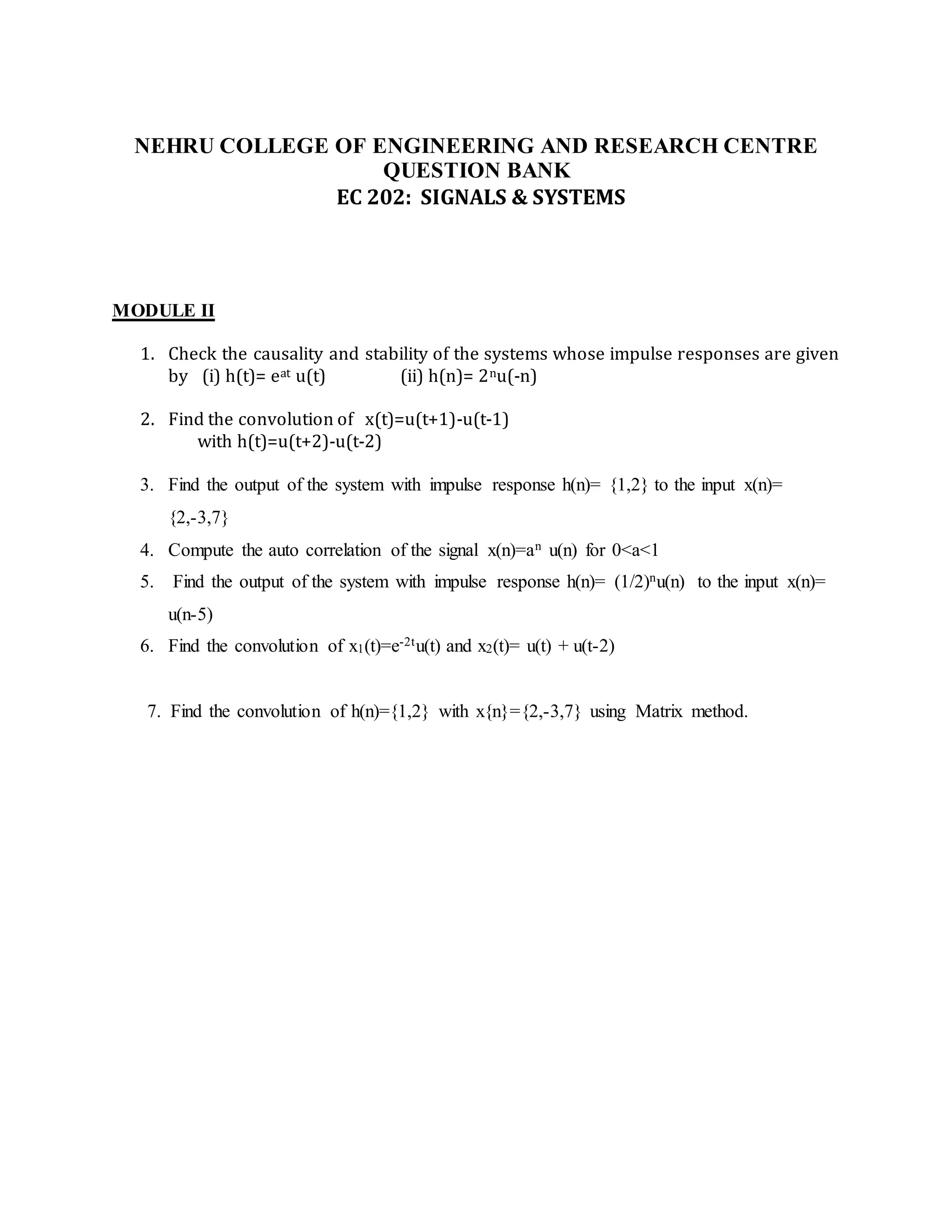 EC202 SIGNALS & SYSTEMS Module2 QUESTION BANK | DOCX