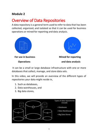 IBM Data Analytics Module 2 Overview of data Repositories. | PDF
