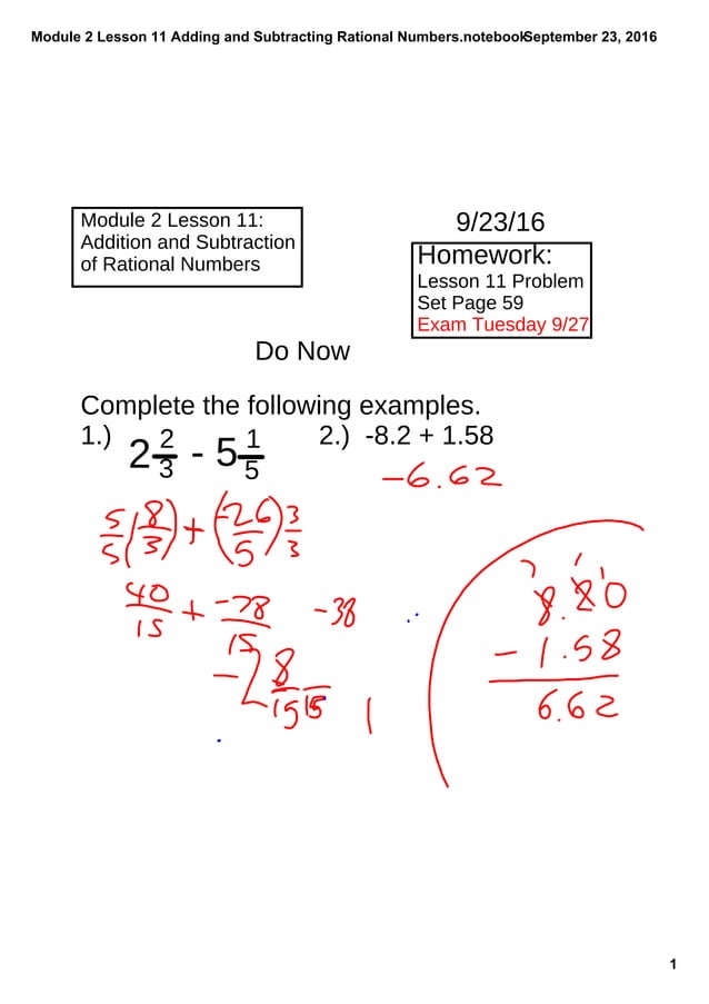 Module 2 lesson 11 adding and subtracting rational numbers | PDF