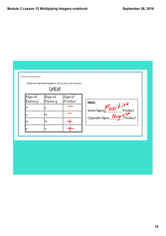 Module 2 lesson 12 multiplying integers | PDF | Homework and Study | Education