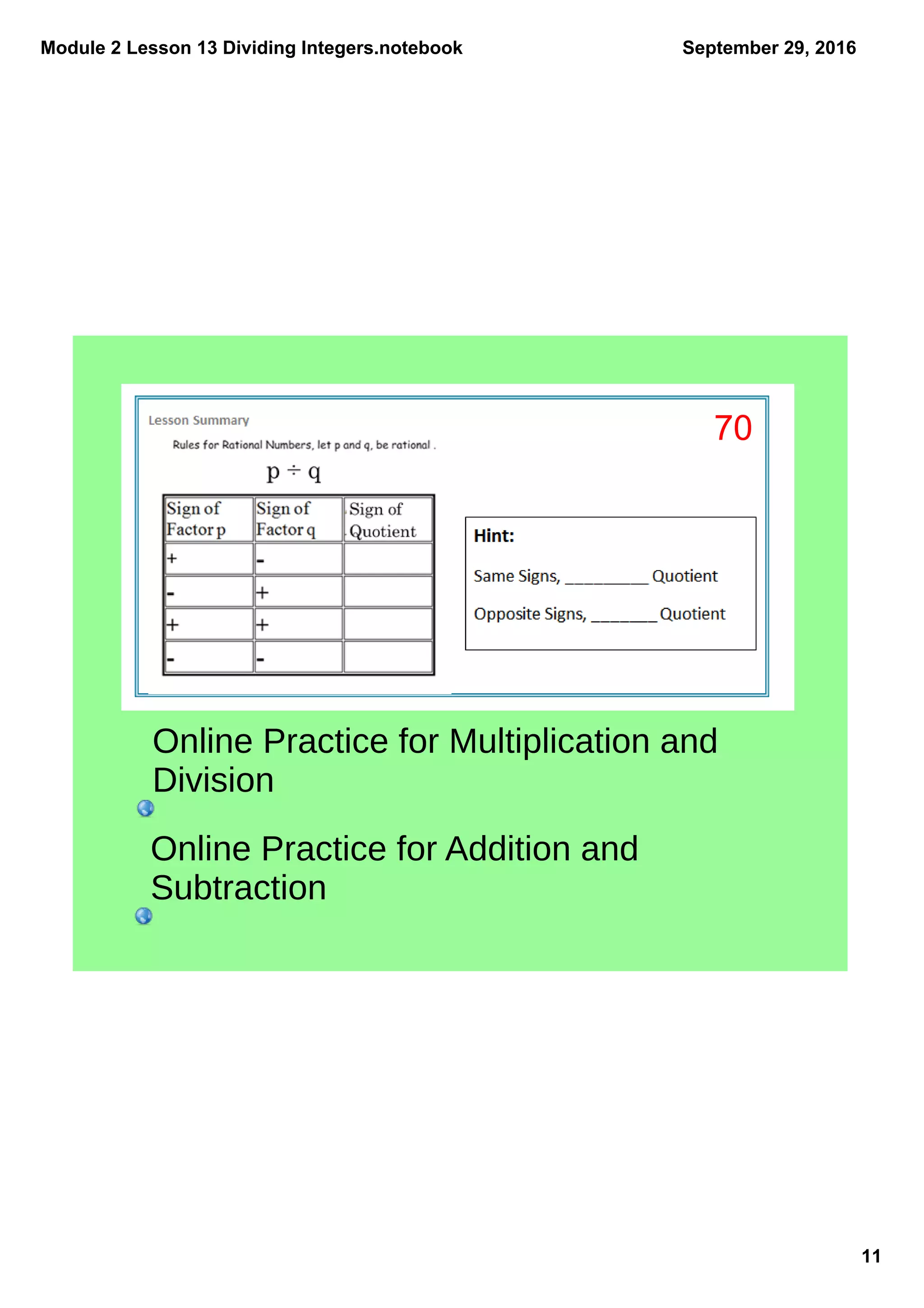 Module 2 lesson 13 dividing integers | PDF