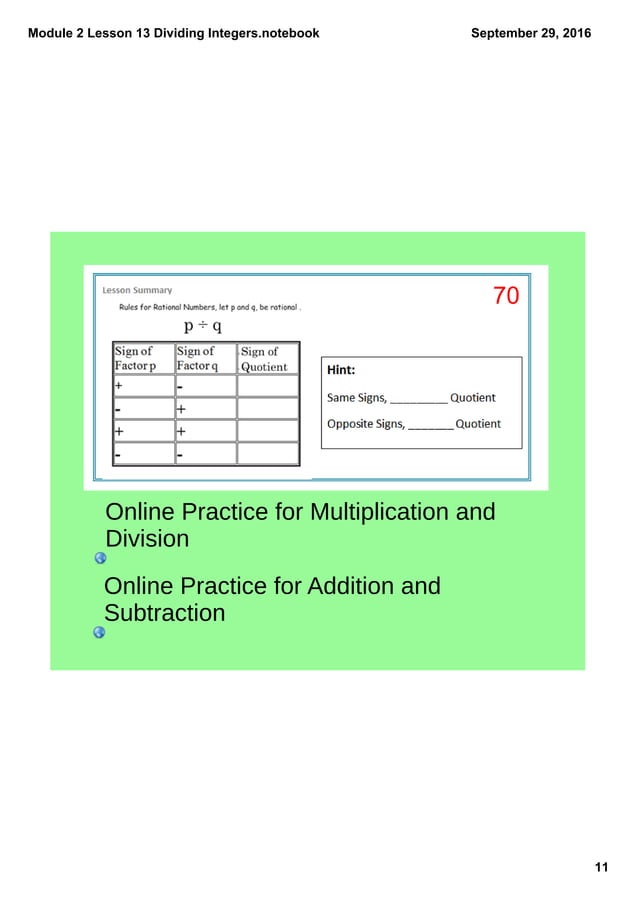 Module 2 lesson 13 dividing integers | PDF | Homework and Study | Education