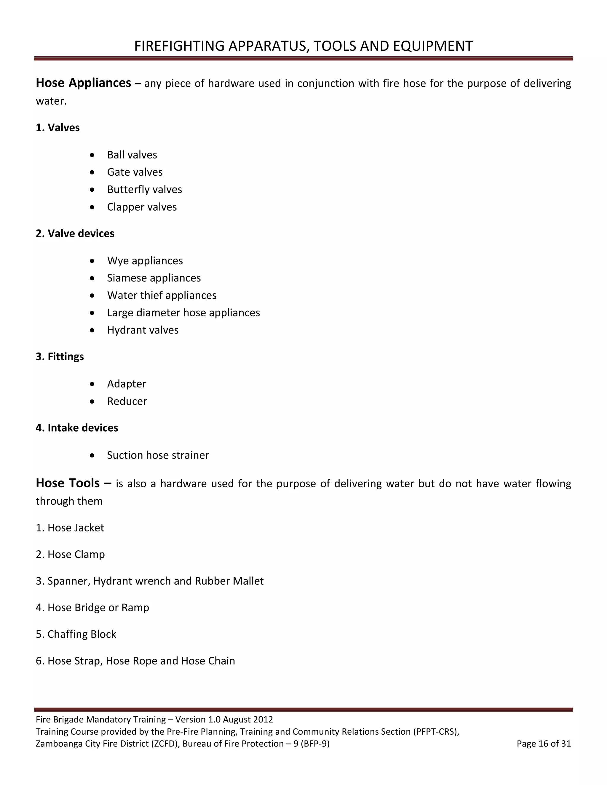 Volunteer Fire Brigade Training Module 3 firefighting apparatus, tools ...