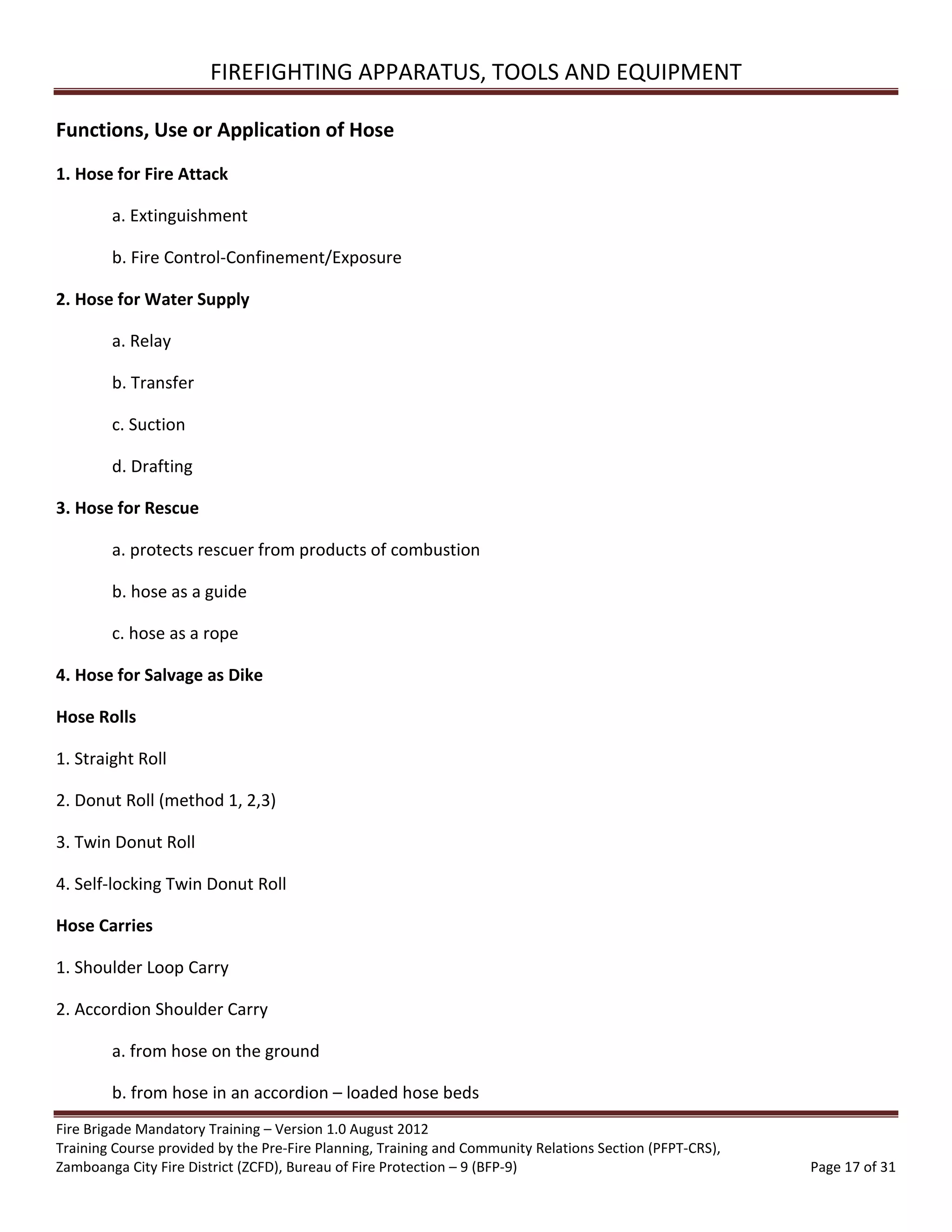Volunteer Fire Brigade Training Module 3 firefighting apparatus, tools ...