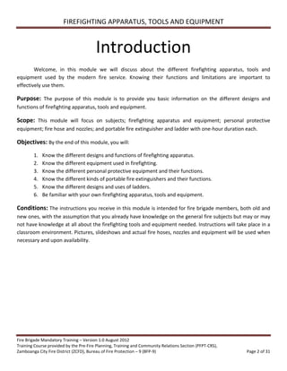 Volunteer Fire Brigade Training Module 3 firefighting apparatus, tools ...
