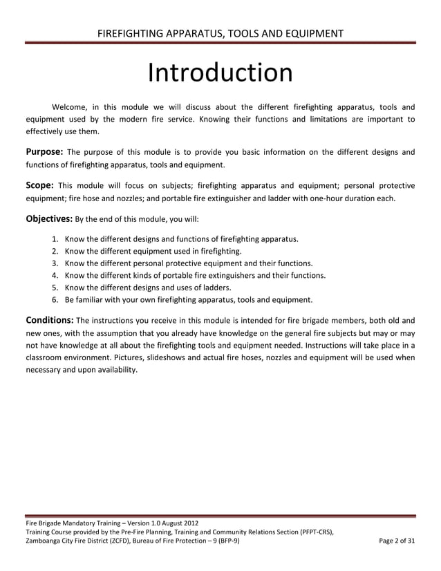 Volunteer Fire Brigade Training Module 3 firefighting apparatus, tools ...