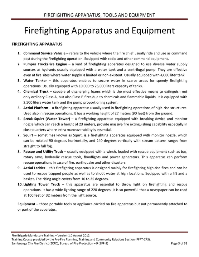 Volunteer Fire Brigade Training Module 3 firefighting apparatus, tools ...