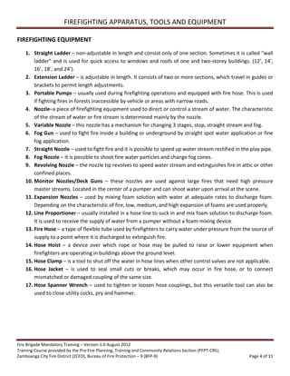 Volunteer Fire Brigade Training Module 3 firefighting apparatus, tools ...
