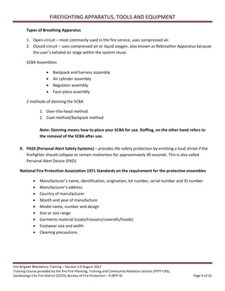 Volunteer Fire Brigade Training Module 3 firefighting apparatus, tools ...