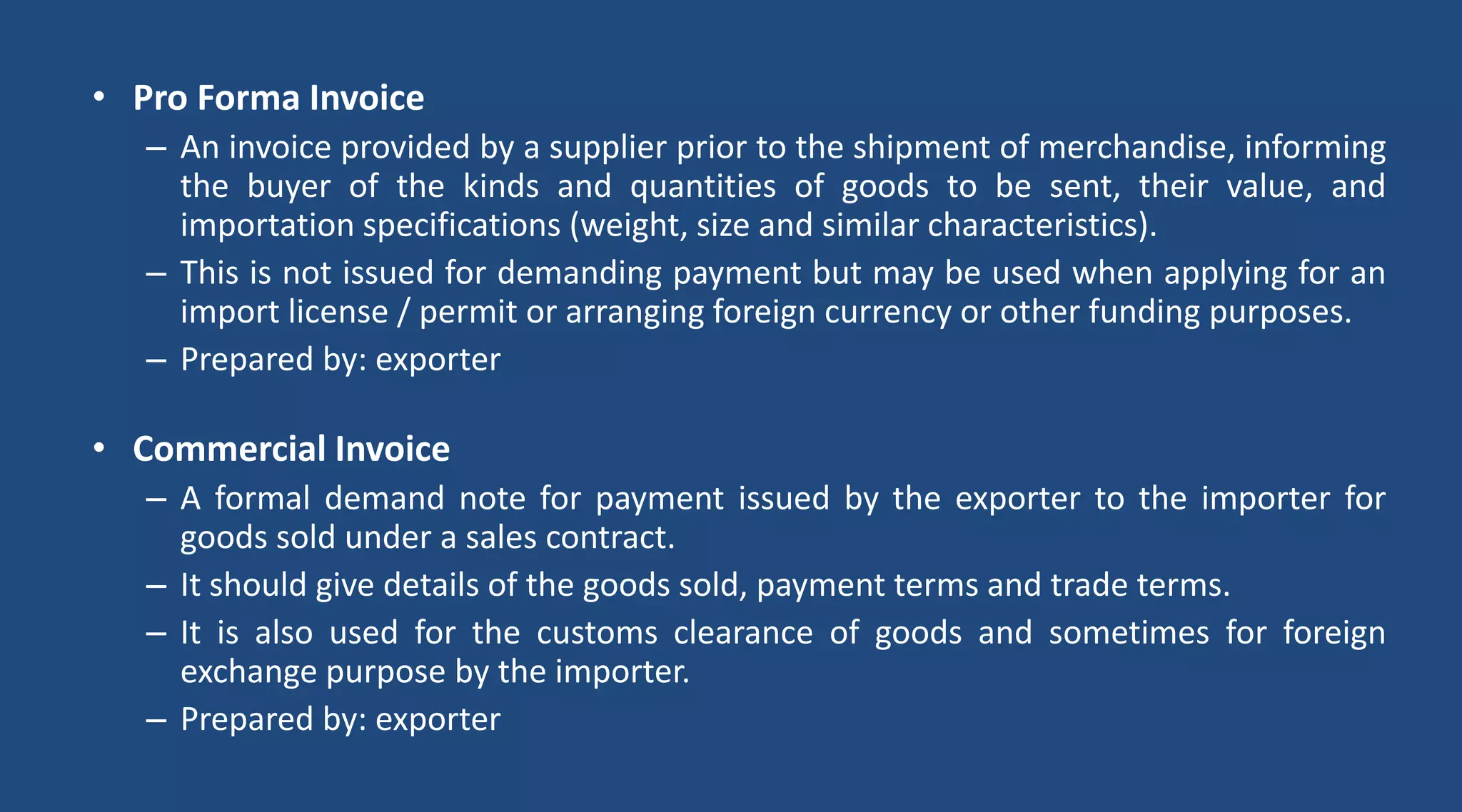 Documents involved in International trade, INCOTERMS, Trade and Exchange Control Formalities ...