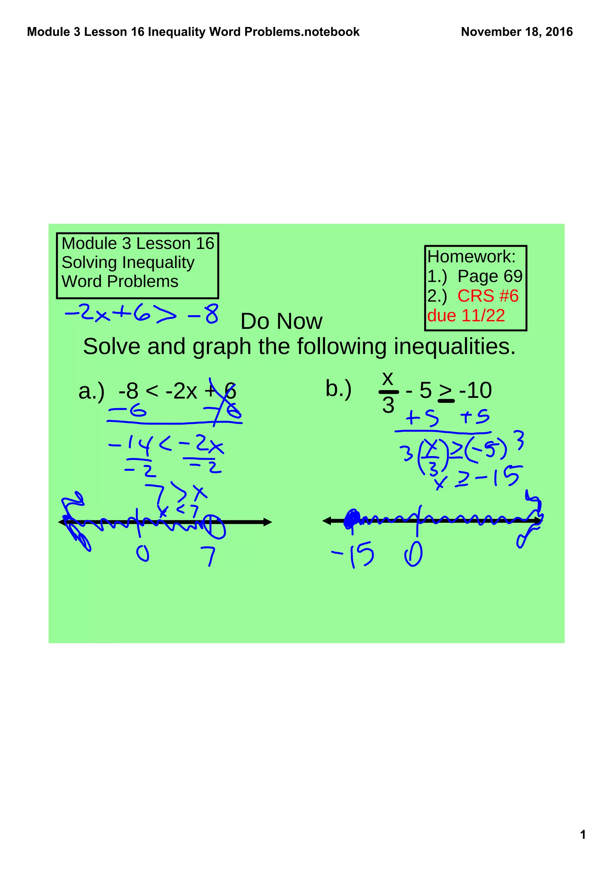Module 3 lesson 16 inequality word problems | PDF