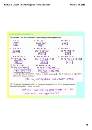 Module 3 lesson 1 combining like terms | PDF