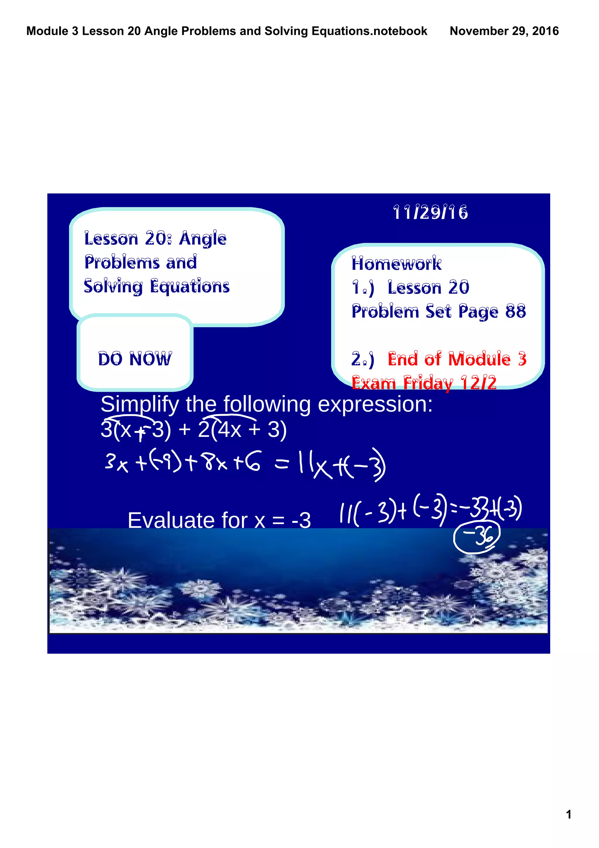 Module 3 lesson 20 angle problems and solving equations | PDF