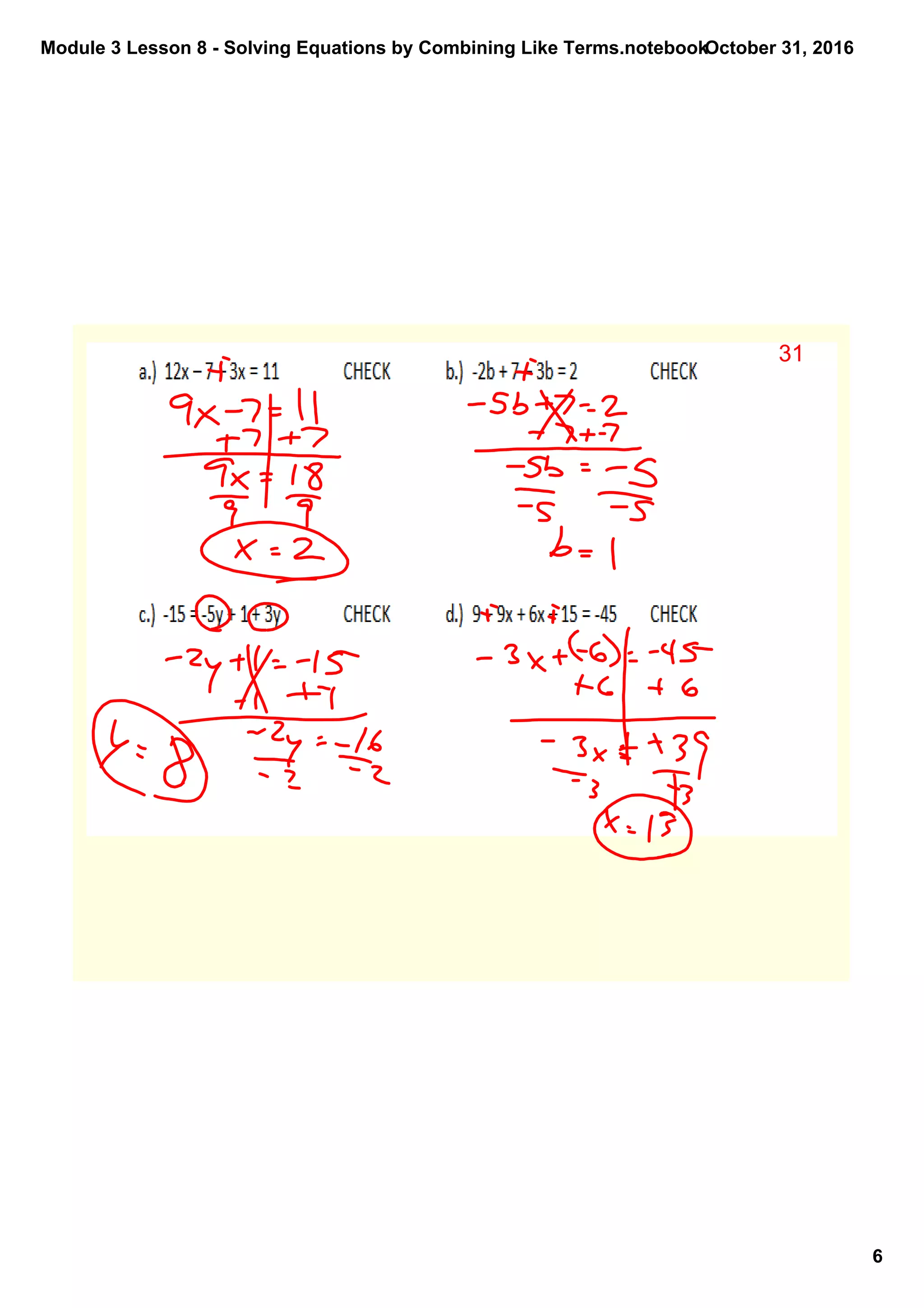 Module 3 lesson 8 solving equations by combining like terms | PDF ...