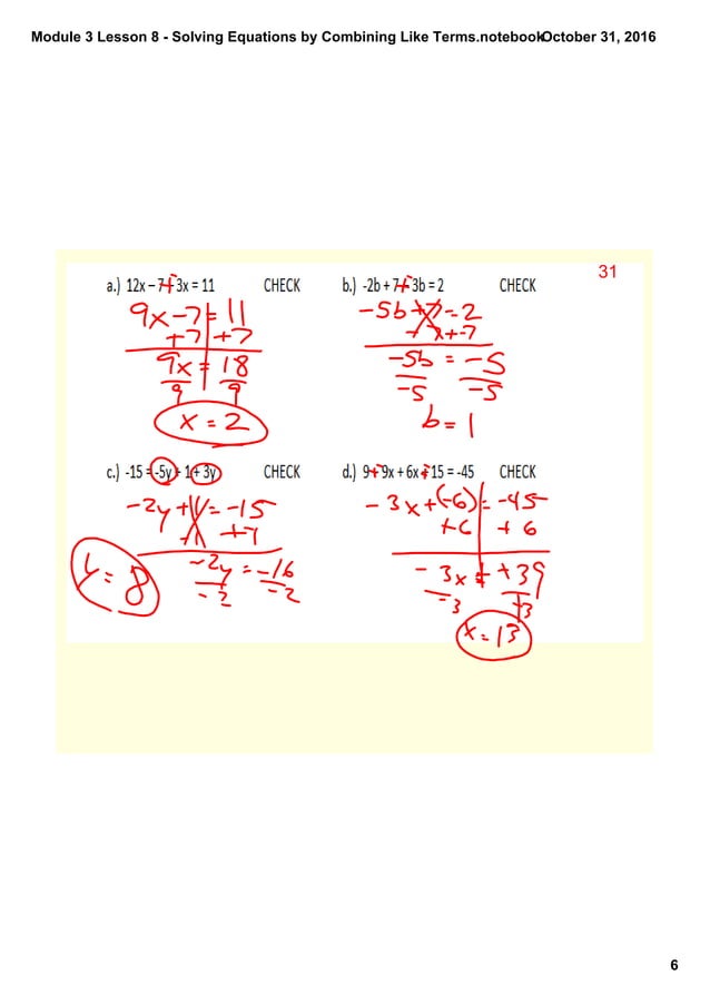 Module 3 lesson 8 solving equations by combining like terms | PDF ...