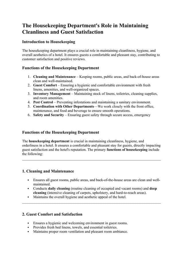 Housekeeping and Facilities Management in brief | DOCX