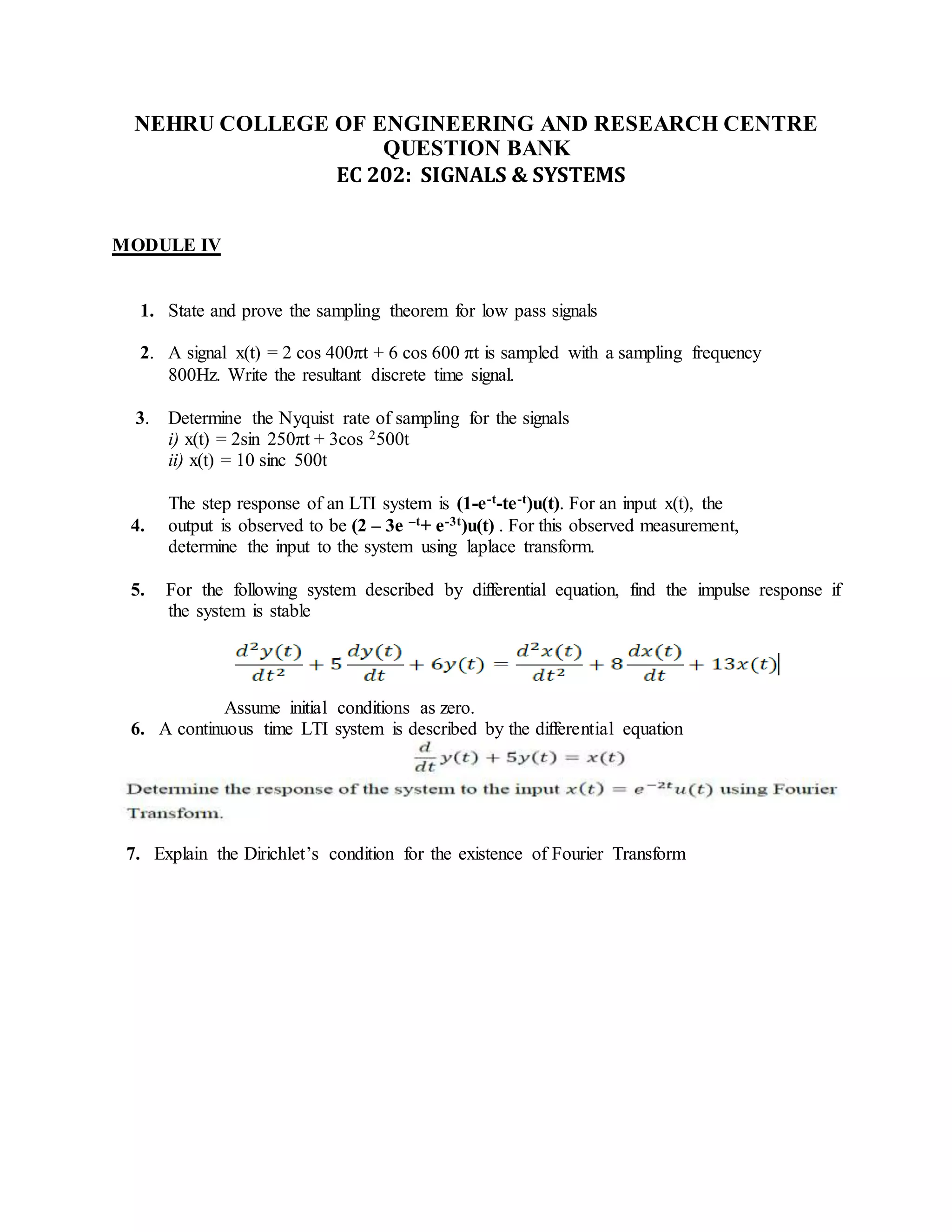 EC202 SIGNALS & SYSTEMS Module4 QUESTION BANK | DOCX
