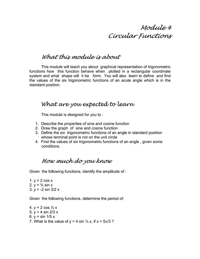 Module 4 circular functions | PDF | Physics | Science