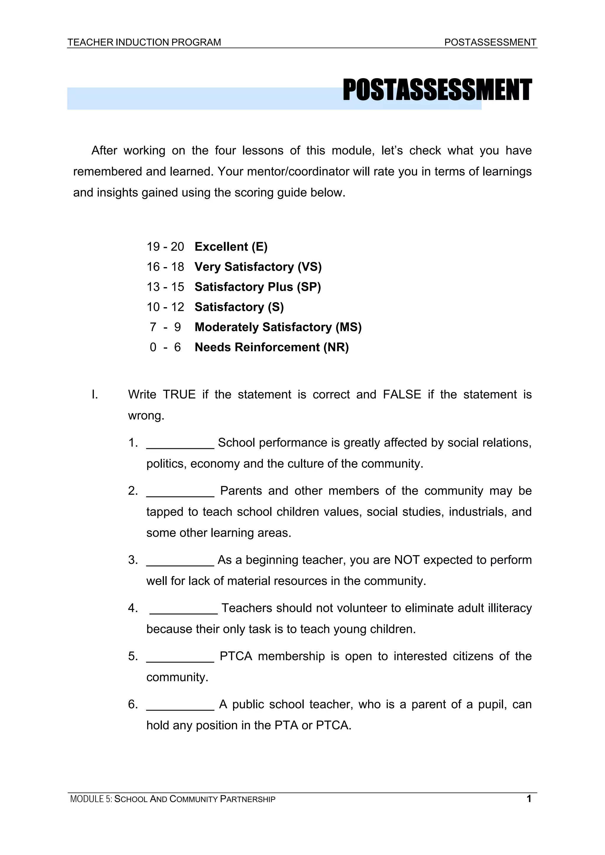 Module 5 school and community partnership post assessment | PDF