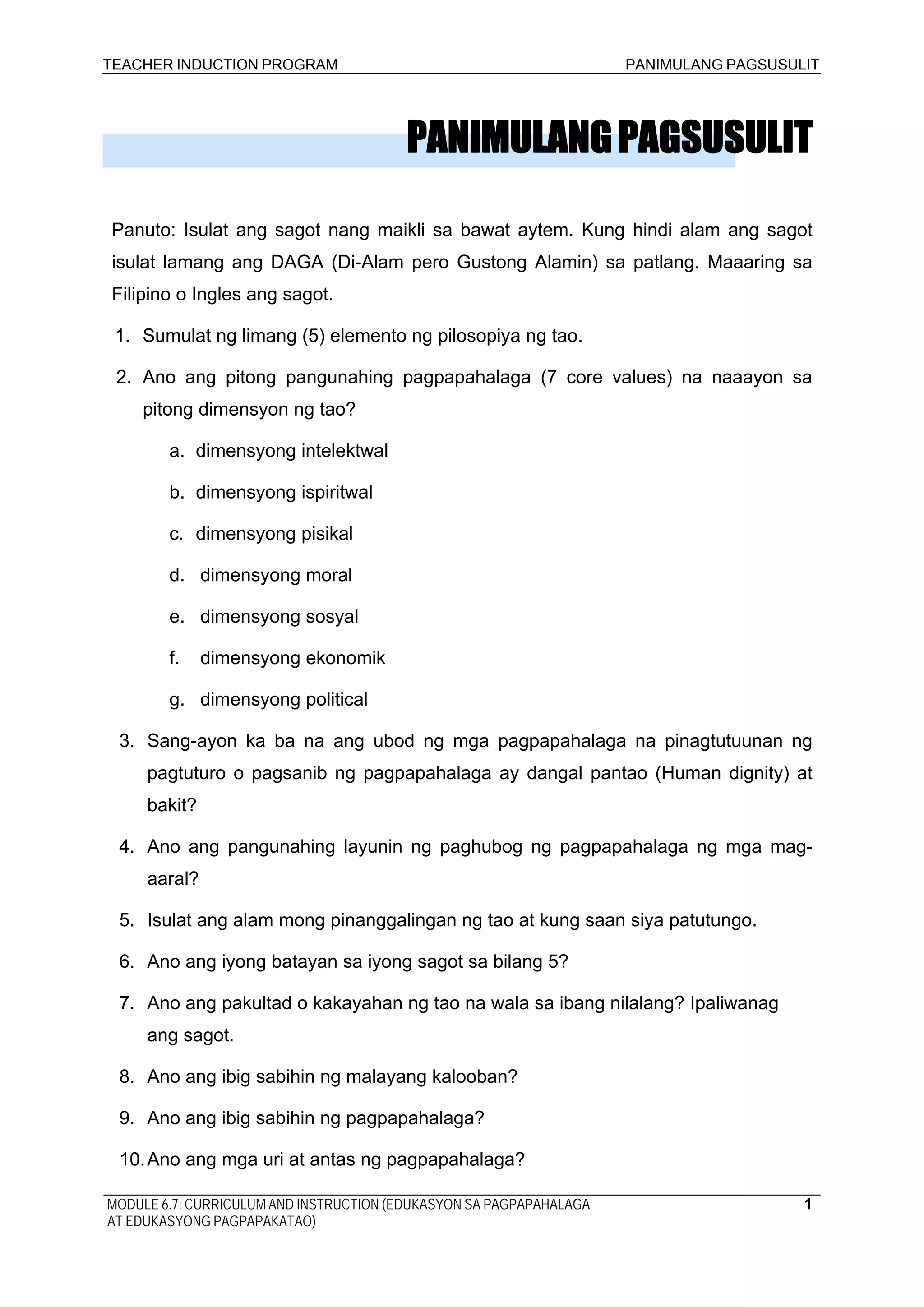 Module 6.7 edukasyon sa pagpapahalaga at pagpapakatao | PDF