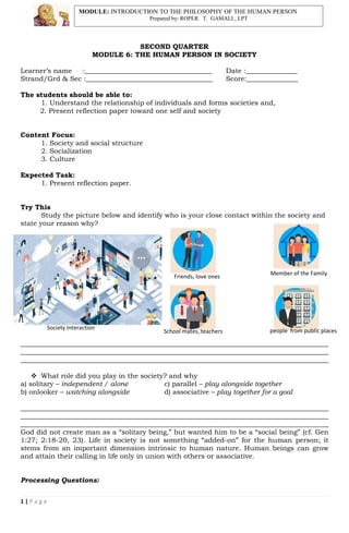 Module 6: PHILOSOPHY The human person in society | PDF