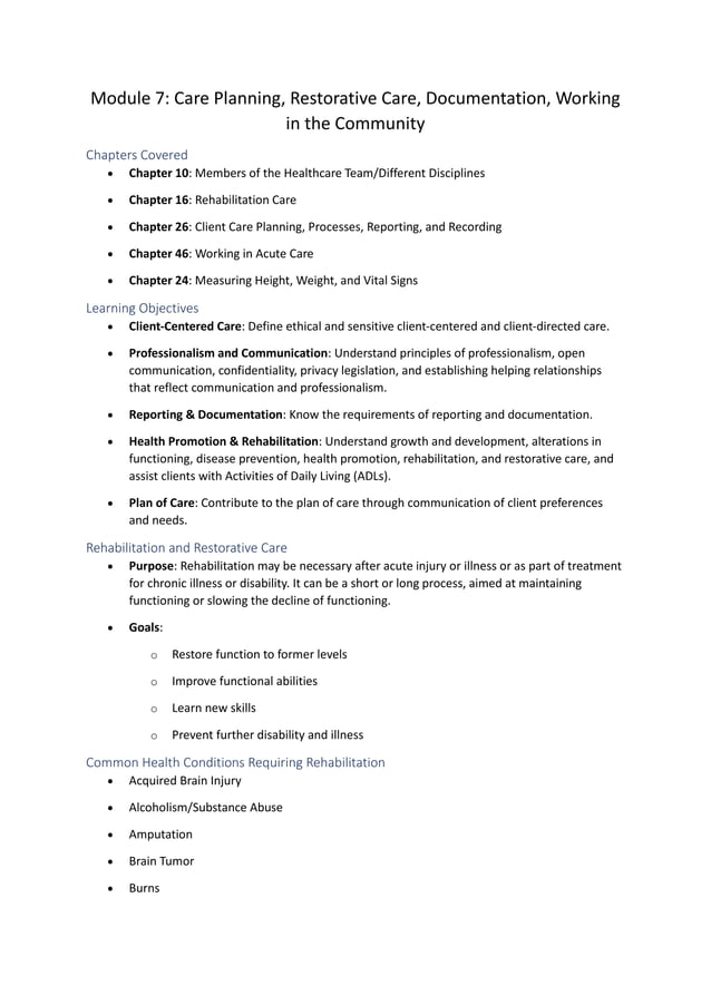 Module 7- Care Planning, Restorative Care, Documentation, Working in ...
