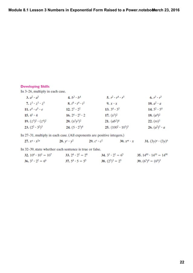 Module 8.1 lesson 3 numbers in exponential form raised to a power | PDF