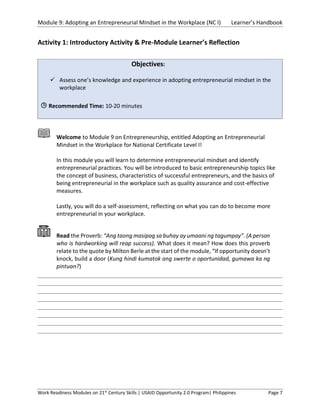 Module 9 - NC I - Adopting Entreprenuerial Mindset in the Workplace ...