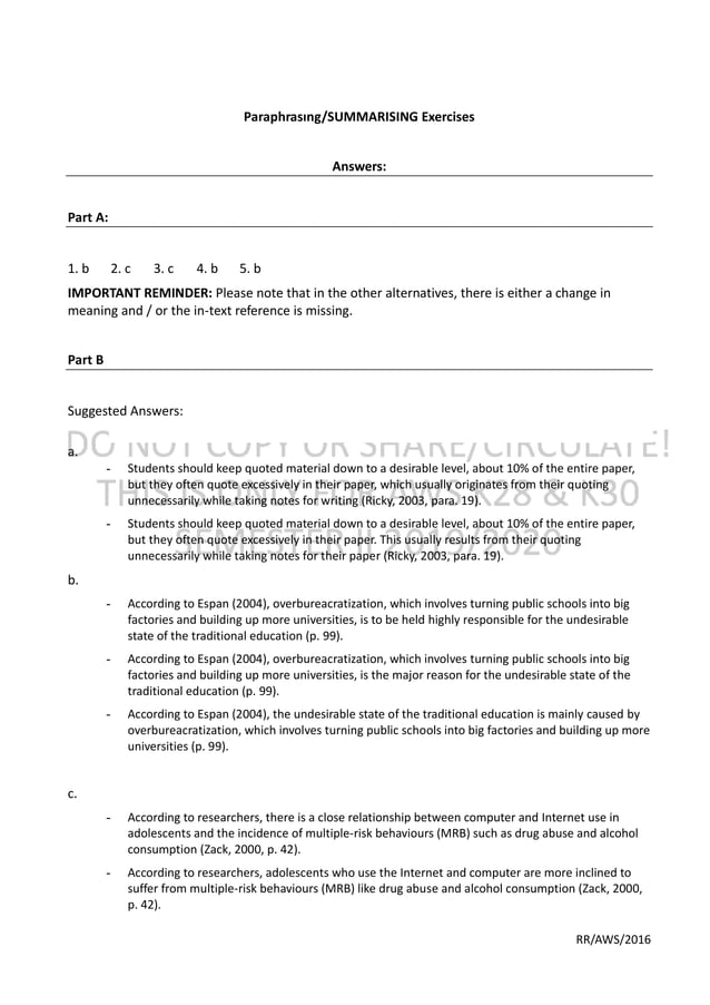 Answer key to MODULE Quotation Summarizing & Paraphrasing (FOR AWS ...