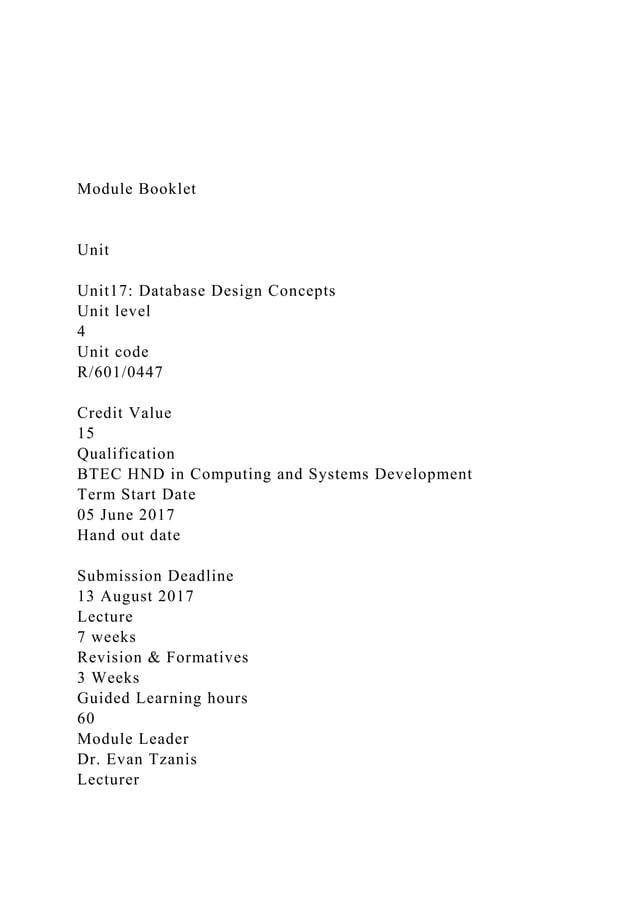 Module BookletUnitUnit17 Database Design Concepts.docx | Databases | Computer Software and ...