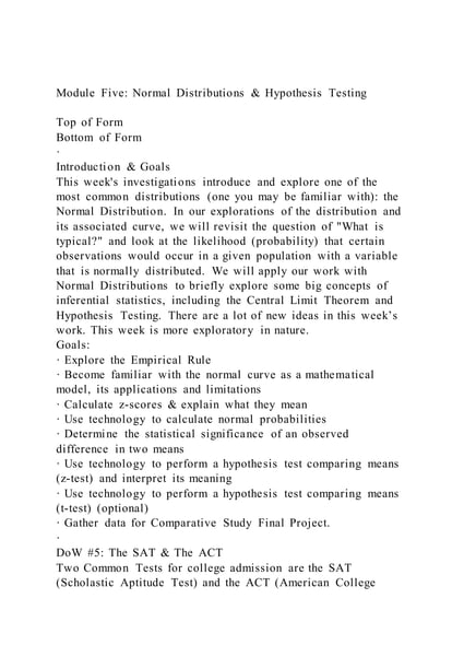 Module Five Normal Distributions & Hypothesis TestingTop of F | PDF