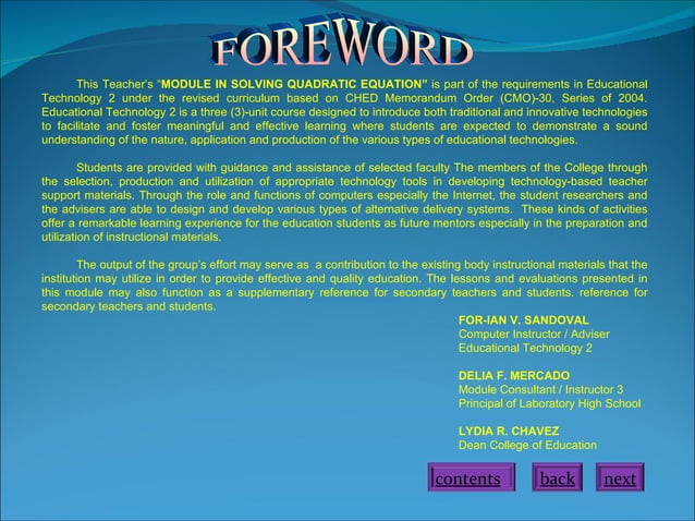 Module in solving quadratic equation | PPT