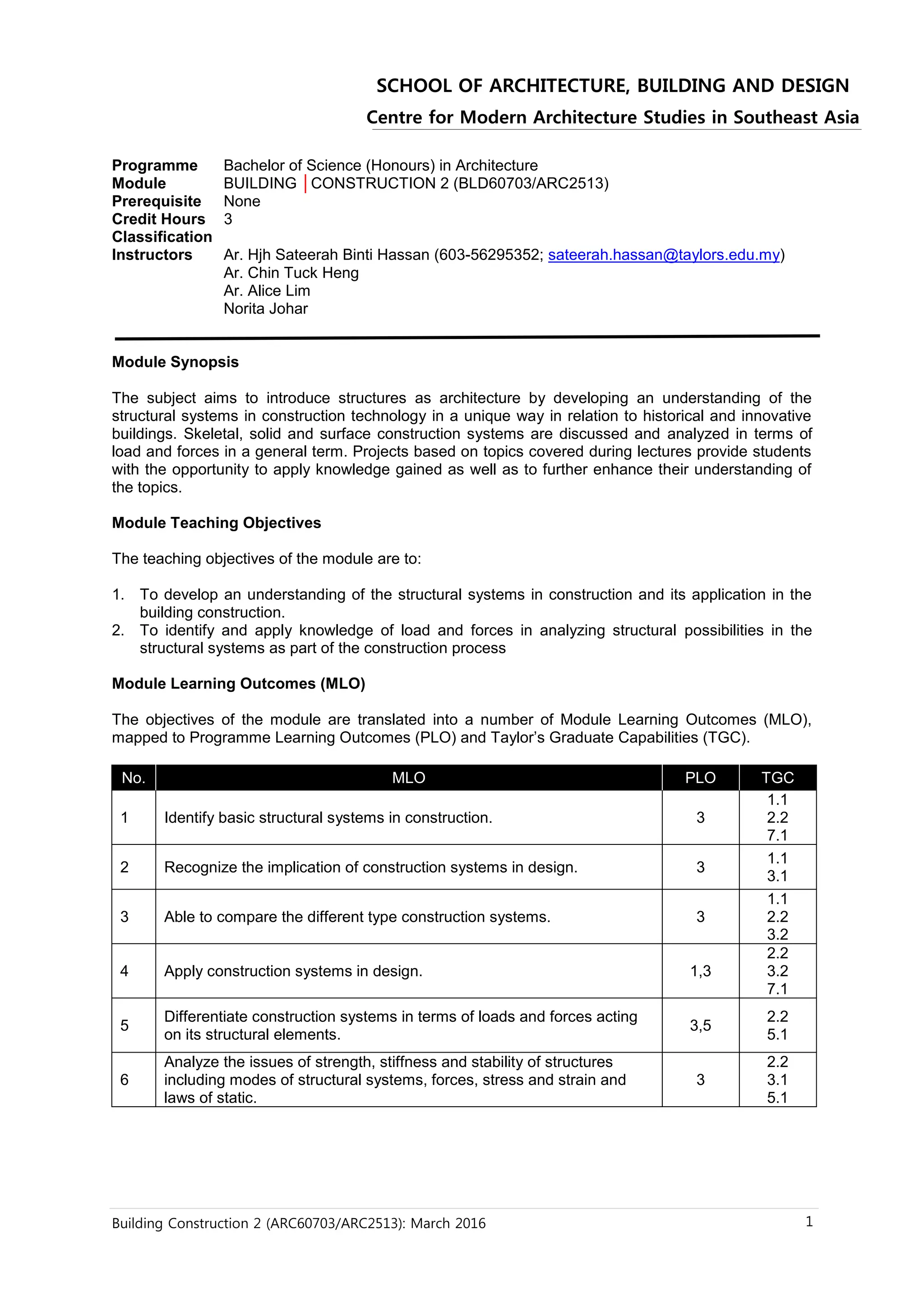 SEMESTER 3 : BUILDING CONSTRUCTION 2 MODULE OUTLINE | PDF