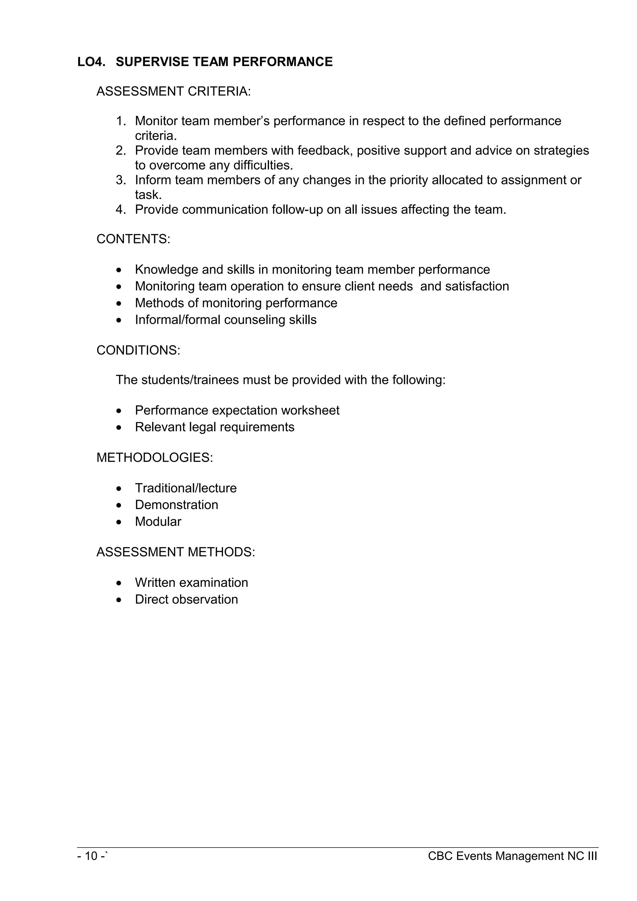Modules of instruction events management nc iii | DOC