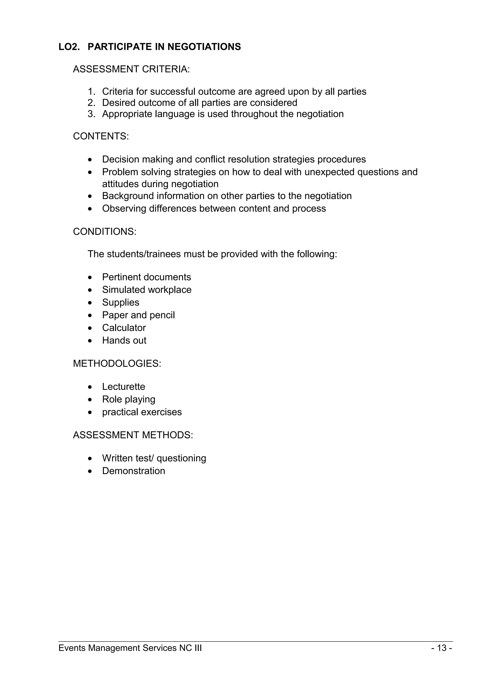 Modules of instruction events management nc iii | DOC