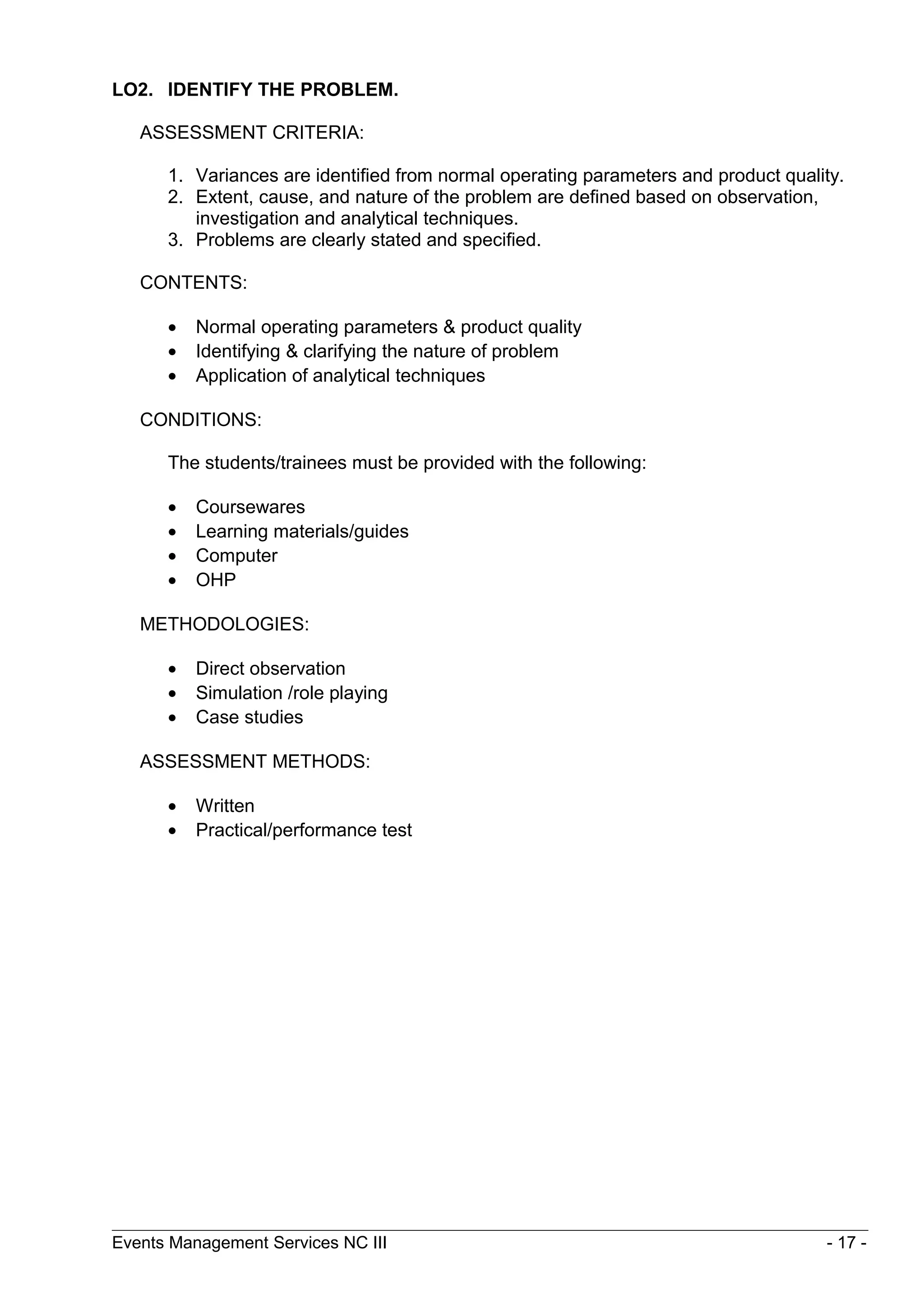 Modules of instruction events management nc iii | DOC