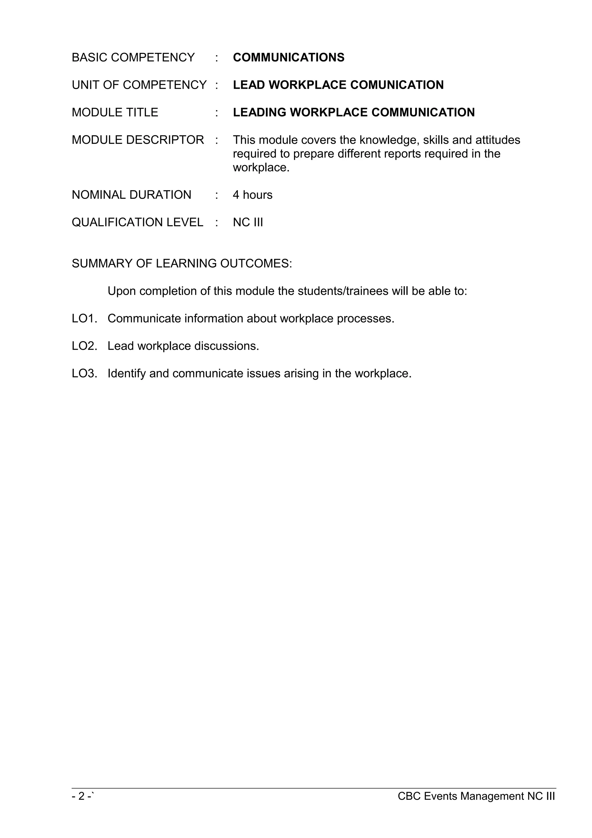 Modules of instruction events management nc iii | DOC