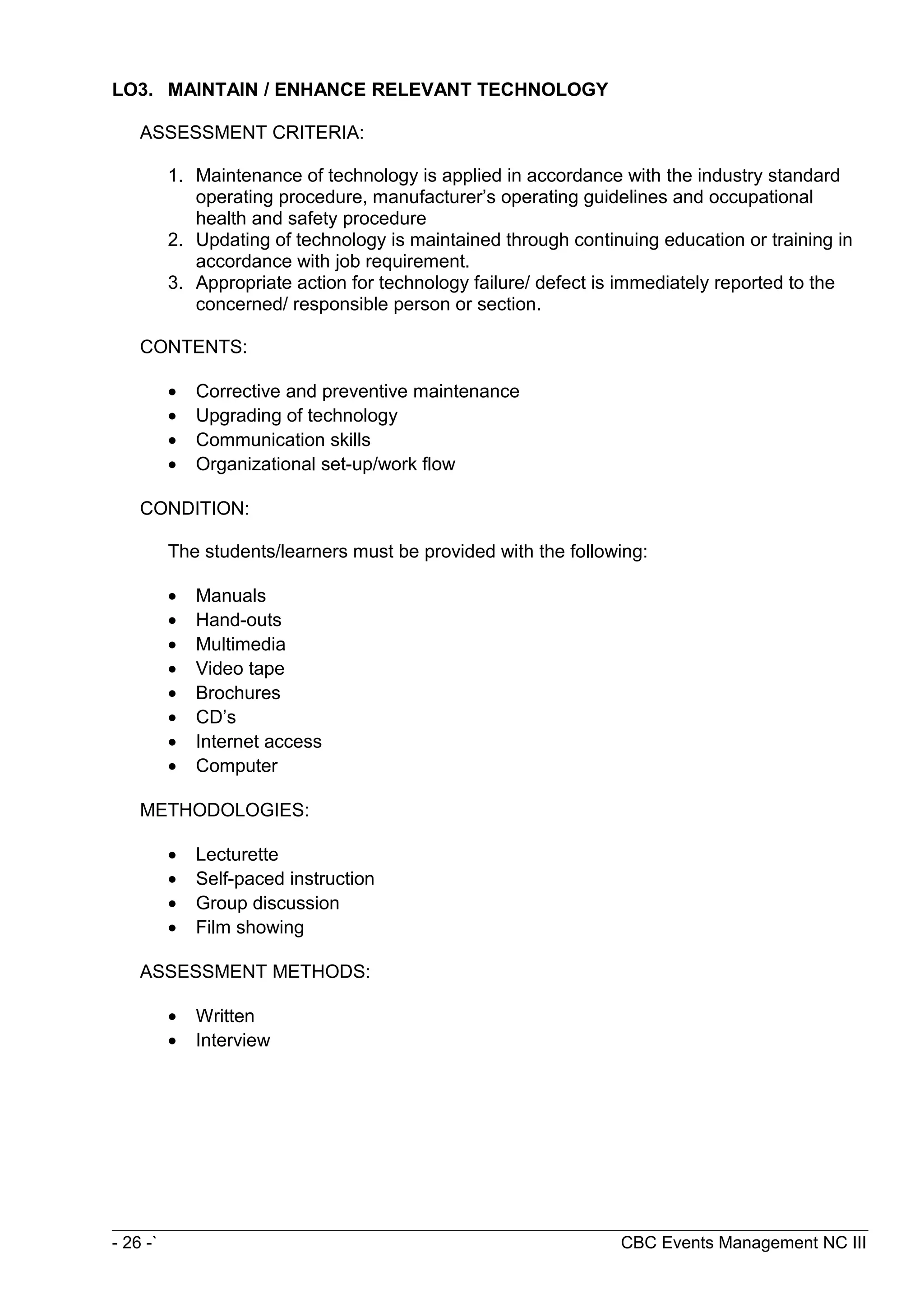 Modules of instruction events management nc iii | DOC