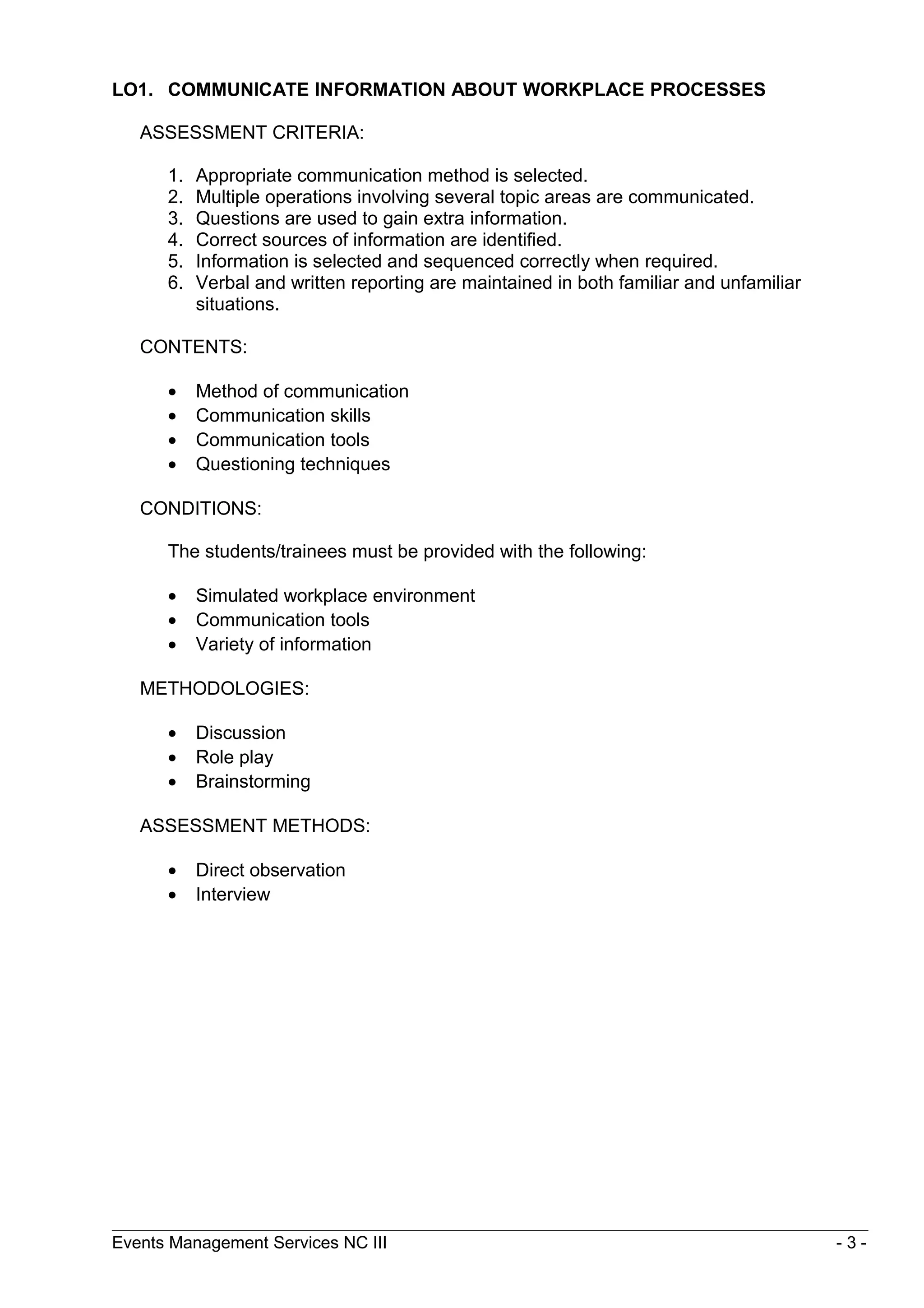 Modules of instruction events management nc iii | DOC