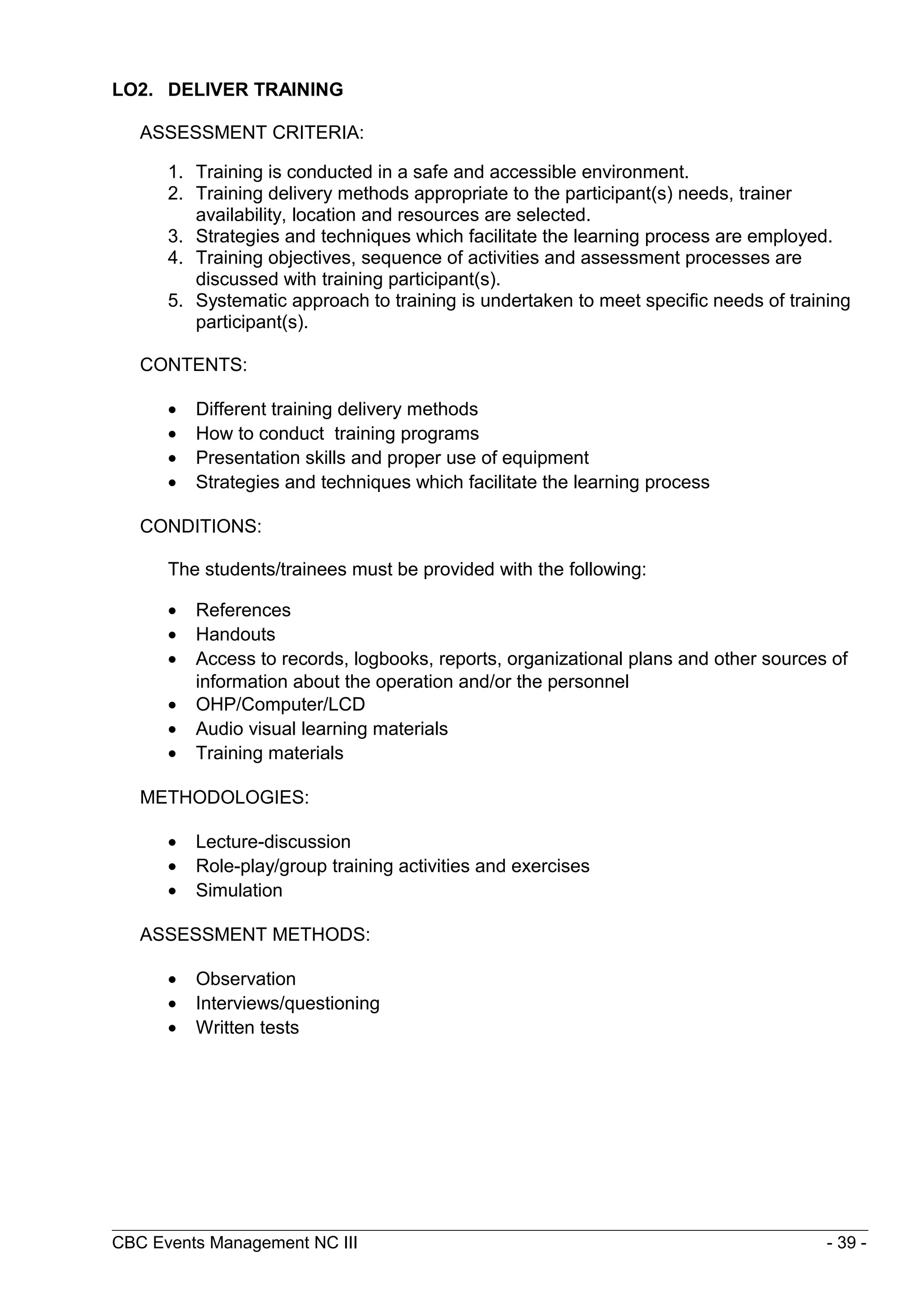 Modules of instruction events management nc iii | DOC