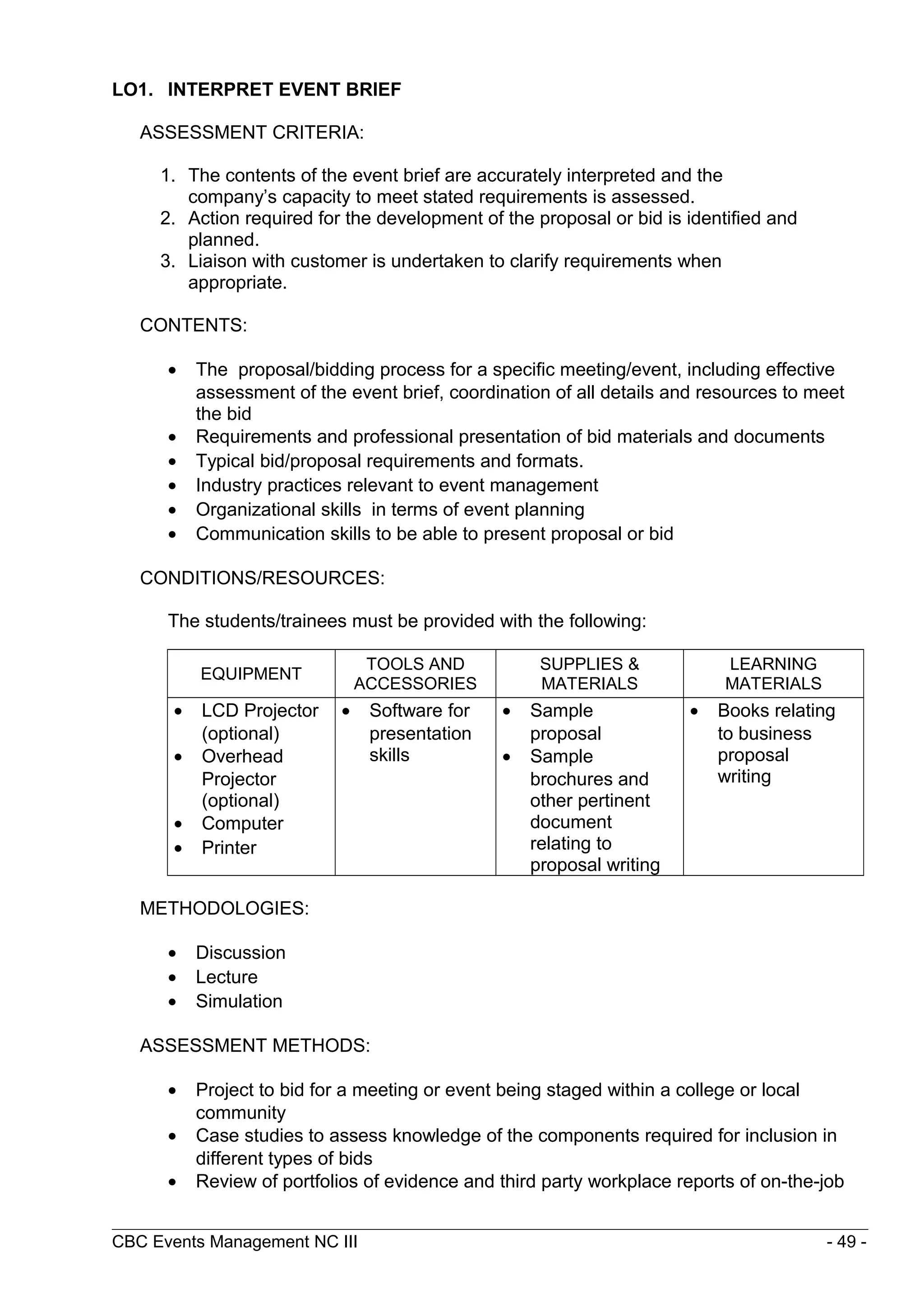 Modules of instruction events management nc iii | DOC