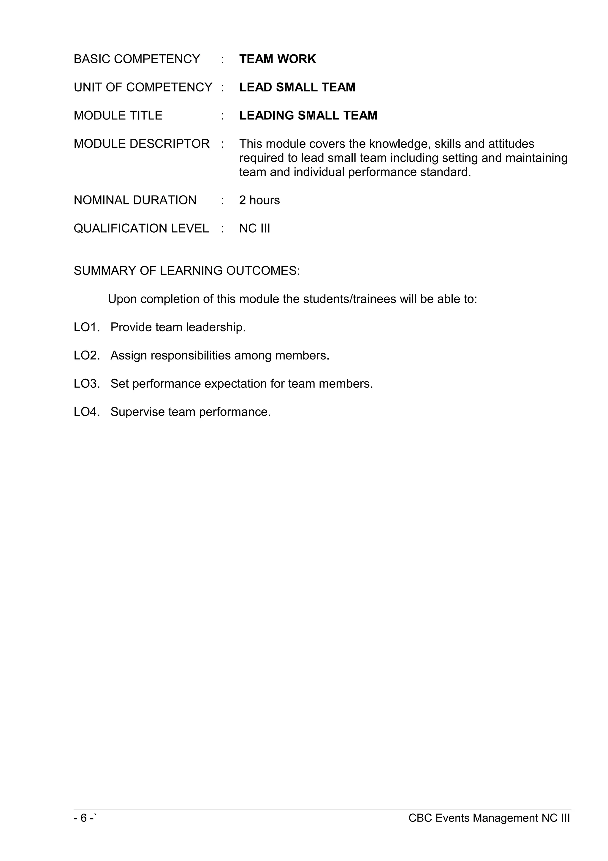 Modules of instruction events management nc iii | DOC