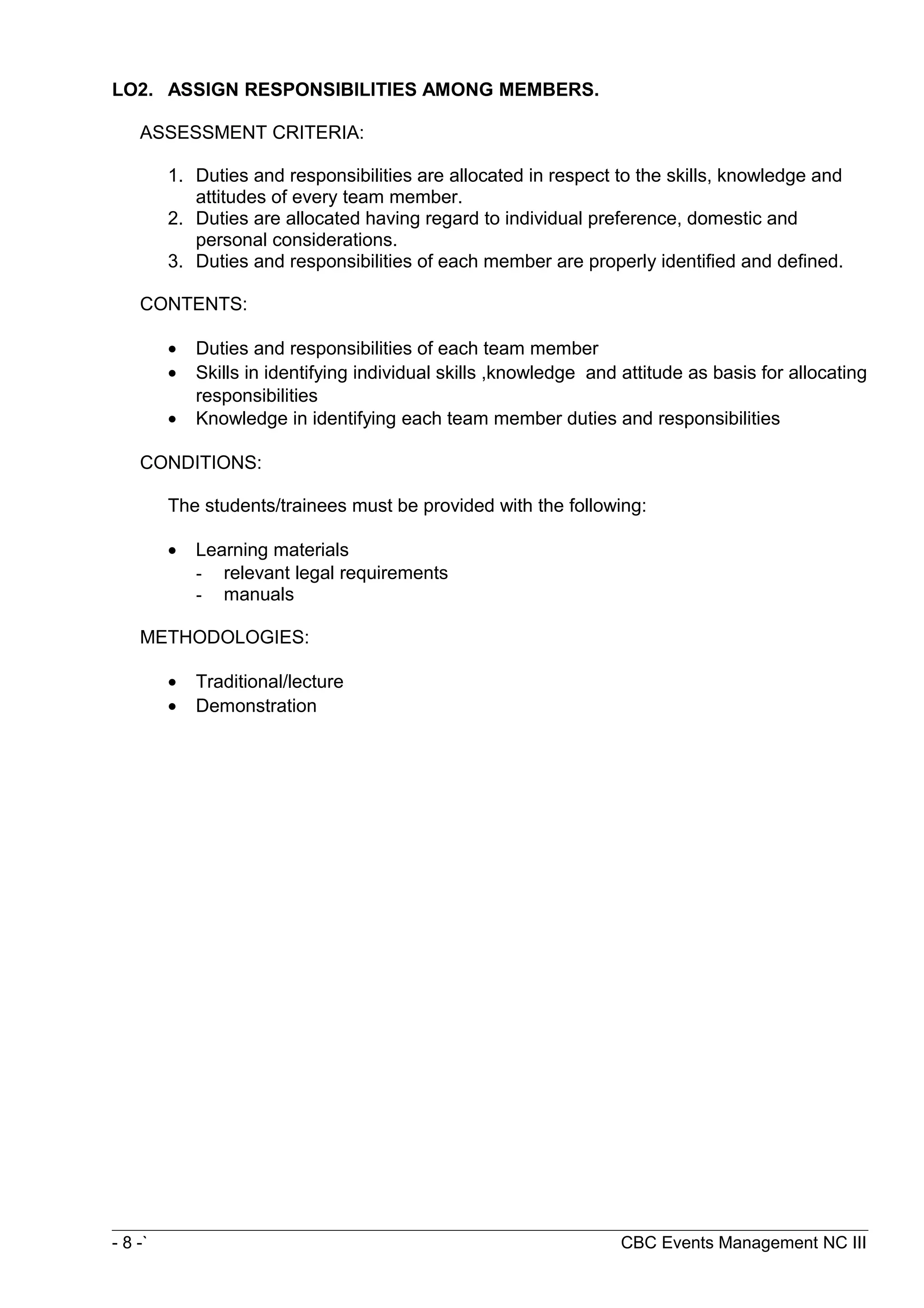 Modules of instruction events management nc iii | DOC