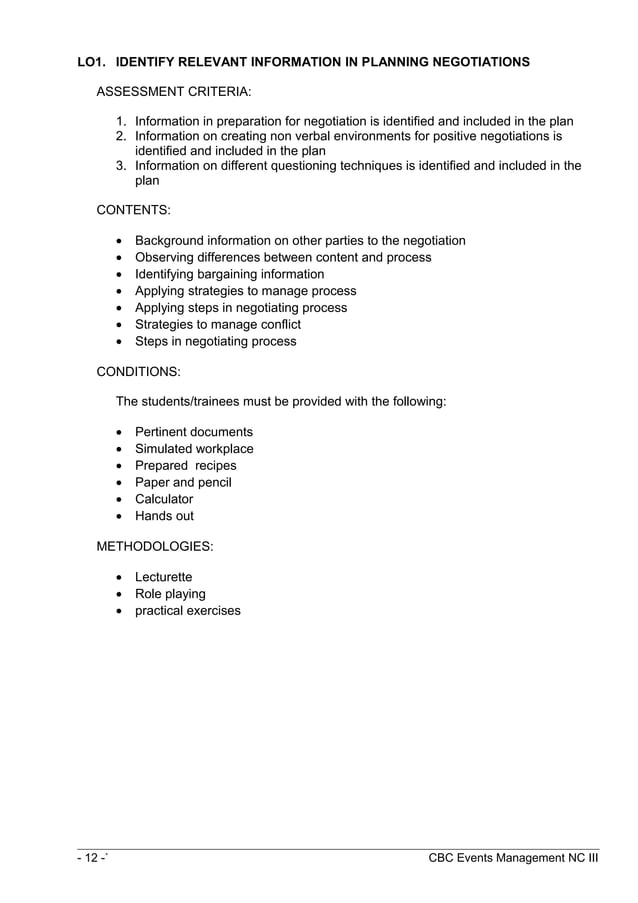 Modules of instruction events management nc iii | DOC
