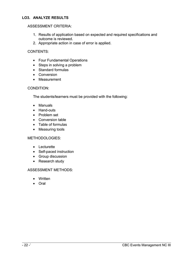 Modules of instruction events management nc iii | DOC