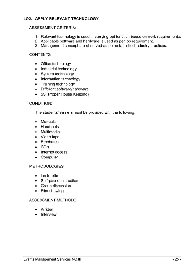 Modules of instruction events management nc iii | DOC