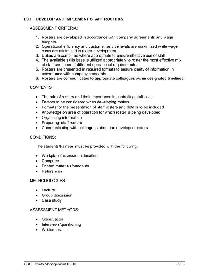 Modules of instruction events management nc iii | DOC