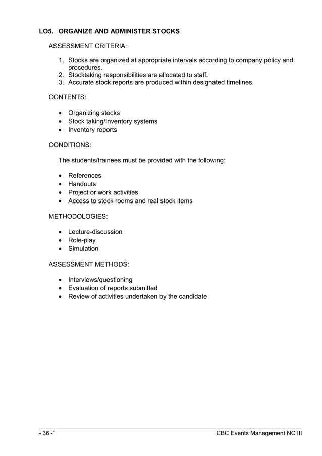 Modules of instruction events management nc iii | DOC